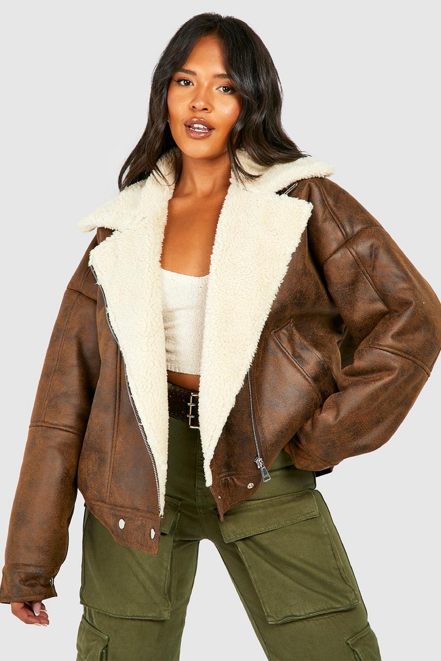 Plus Vintage Wash Faux Leather Aviator Jacket | boohoo USA Plus Vintage Wash Faux Leather Aviator Jacket | boohoo USA